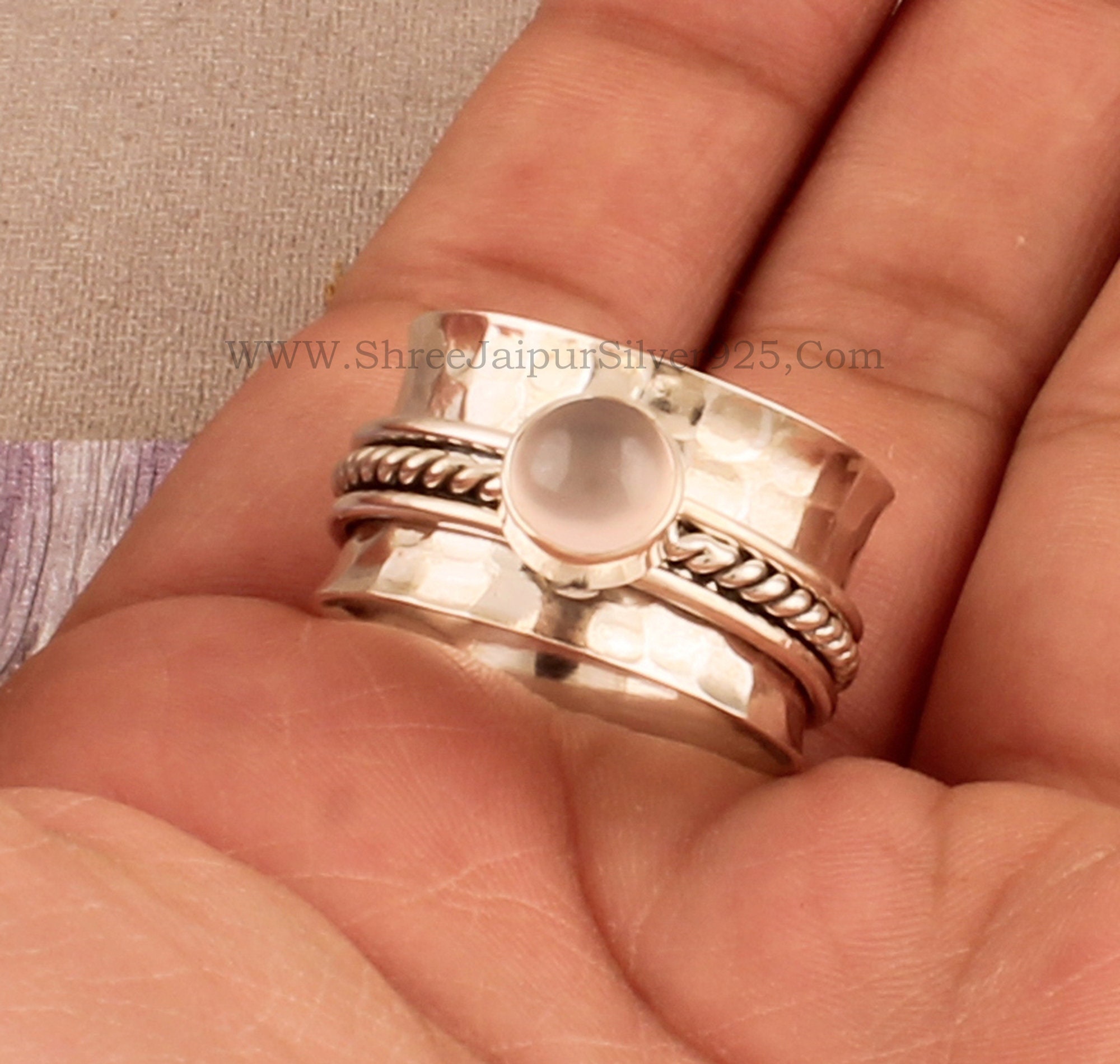 Rose Quartz Hammered Band Solid 925 Sterling Silver Spinner | Etsy