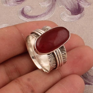 Buy 925 Sterling Silver Red Jade Oval Gemstone Spinner Ring, Handmade Carved Textured Meditation ...