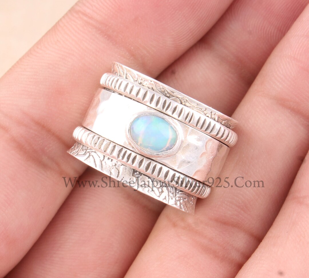 Ethiopian Opal Sterling Silver Spinner Ring - Hammered Band Fidget Ring ...