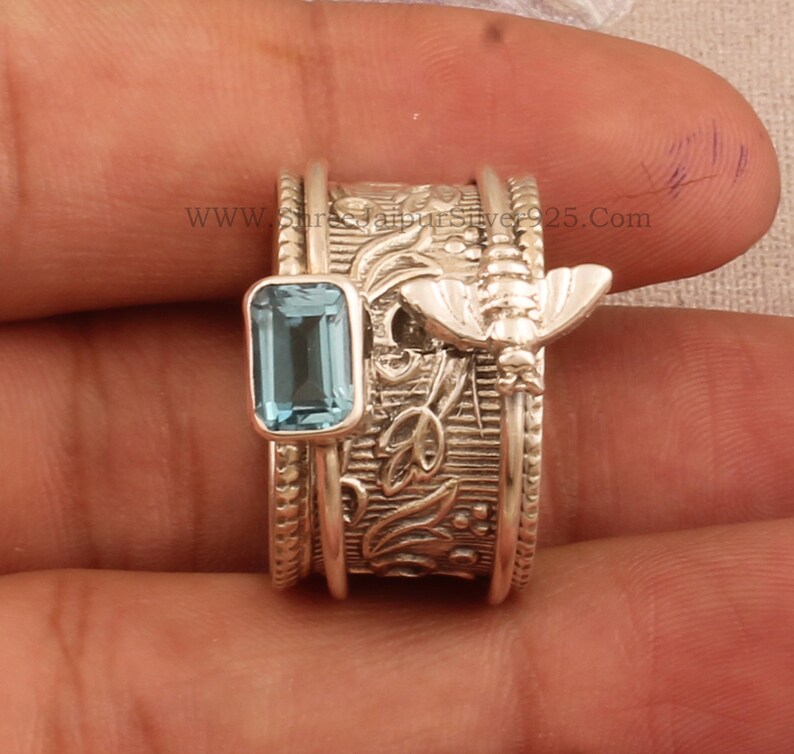 Natural Blue Topaz Solid 925 Sterling Silver Spinner Ring for - Etsy