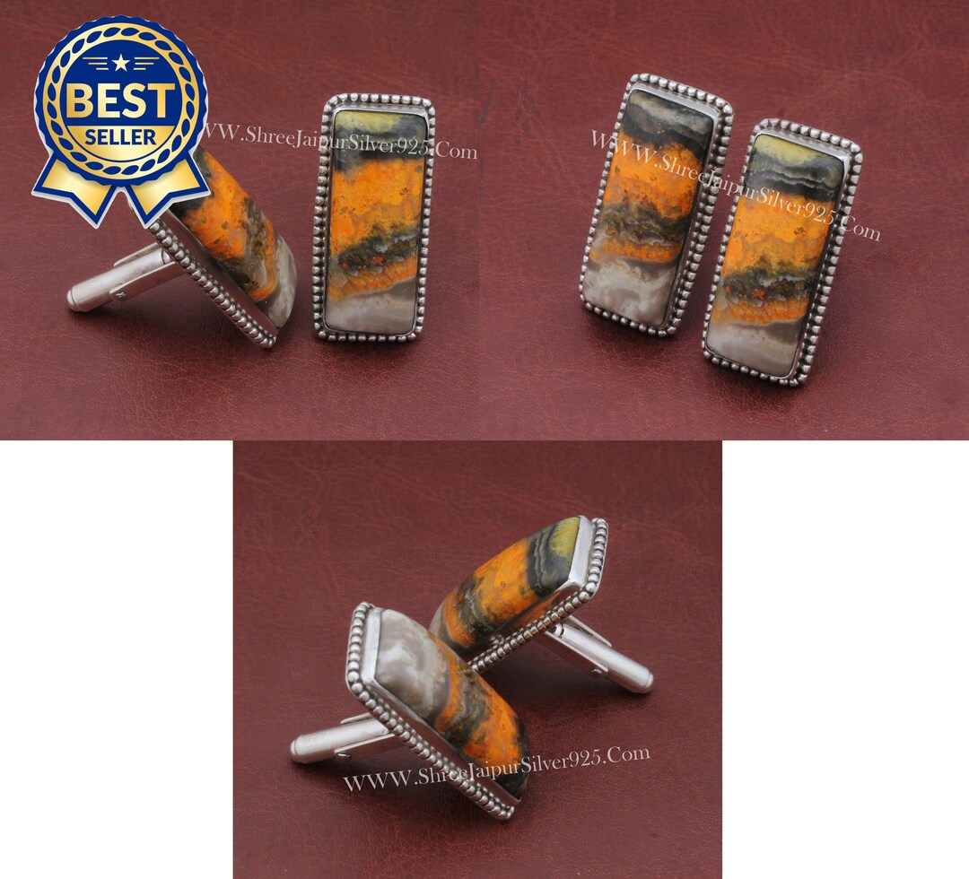 Bumble Bee Silver Cufflink, Rectangle Gemstone Cufflink Handmade Cufflink Gift for Him Mens ...