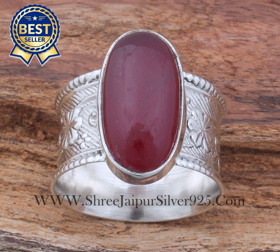 Red Jade Solid 925 Sterling Silver Band Ring for Women Oval Jade ...