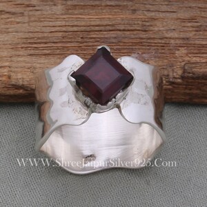 Wave Hammered Band Red Garnet Squire Cut Solid 925 Sterling Silver Ring ...