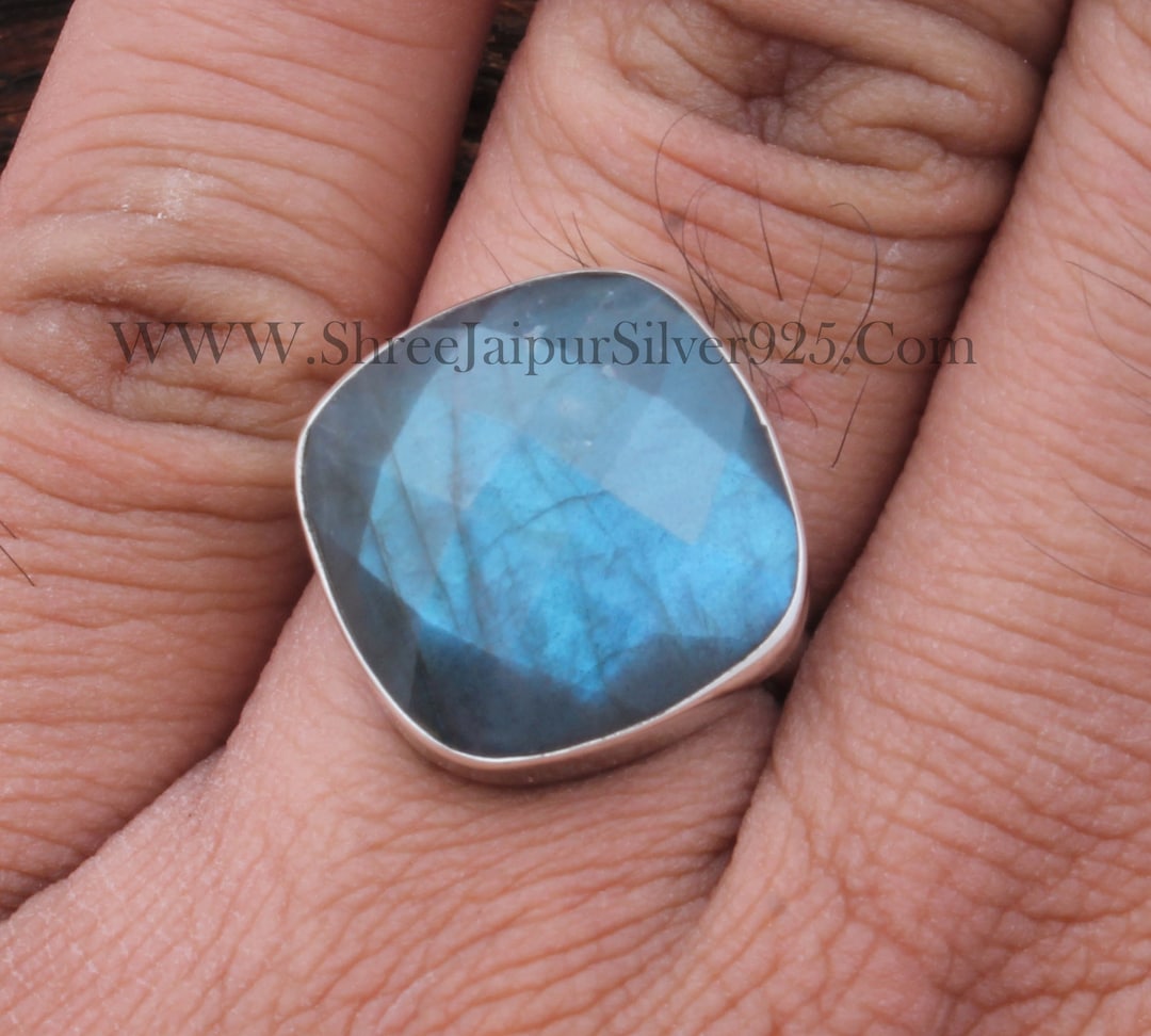 925 Sterling Solid Silver Ring, Natural Labradorite Cushion Shape ...