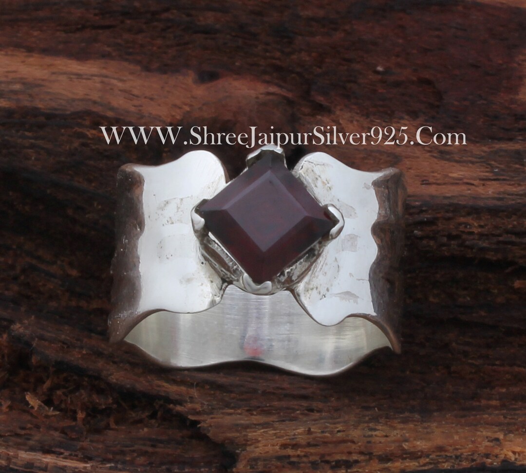 Wave Hammered Band Red Garnet Squire Cut Solid 925 Sterling Silver Ring ...