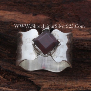 Wave Hammered Band Red Garnet Squire Cut Solid 925 Sterling Silver Ring ...