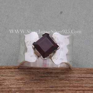 Wave Hammered Band Red Garnet Squire Cut Solid 925 Sterling Silver Ring ...