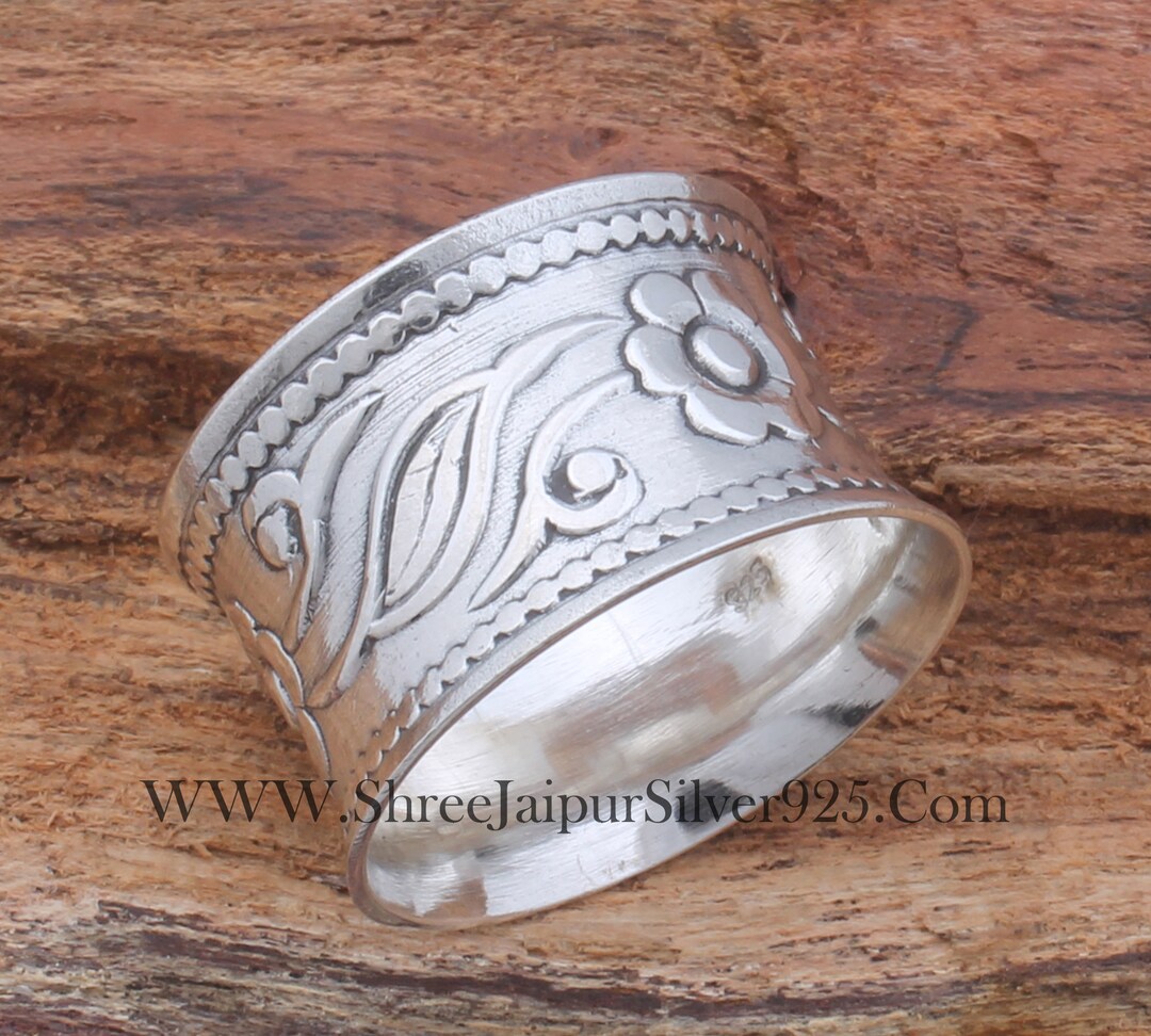 Sterling Silver Engraved Flower Band Ring: Handmade Vine Thumb Ring - Etsy