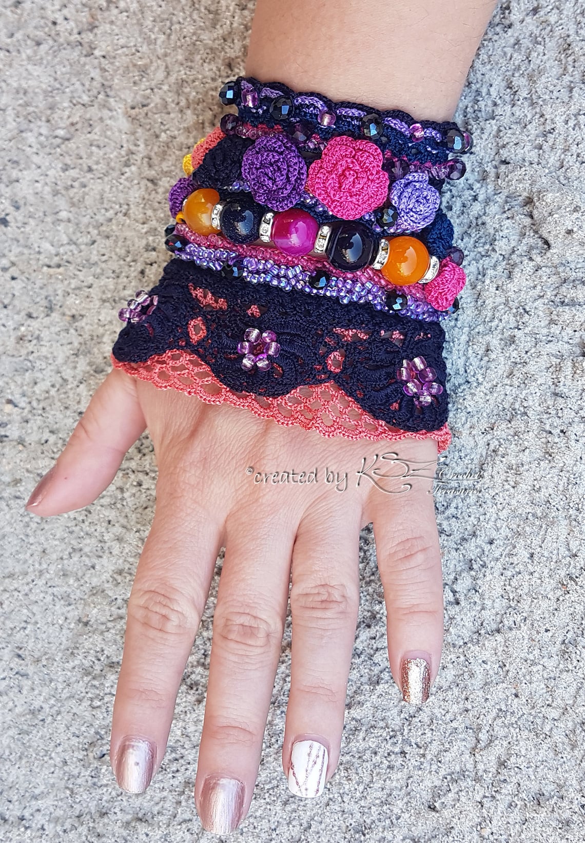 Handmade Crochet Cuff Bracelet: Beaded Boho Floral Cotton Cuff - Etsy