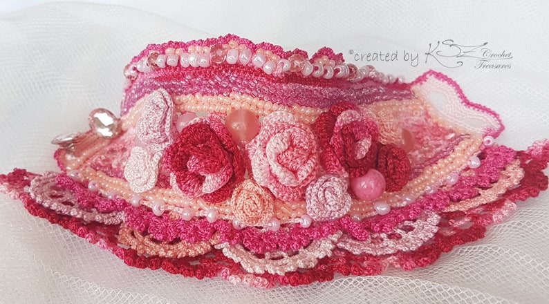 Crochet Cuff Bracelet, Pink Crochet Cuff, Lace Cotton Bracelet, Crochet Roses, Beaded Cuff ...