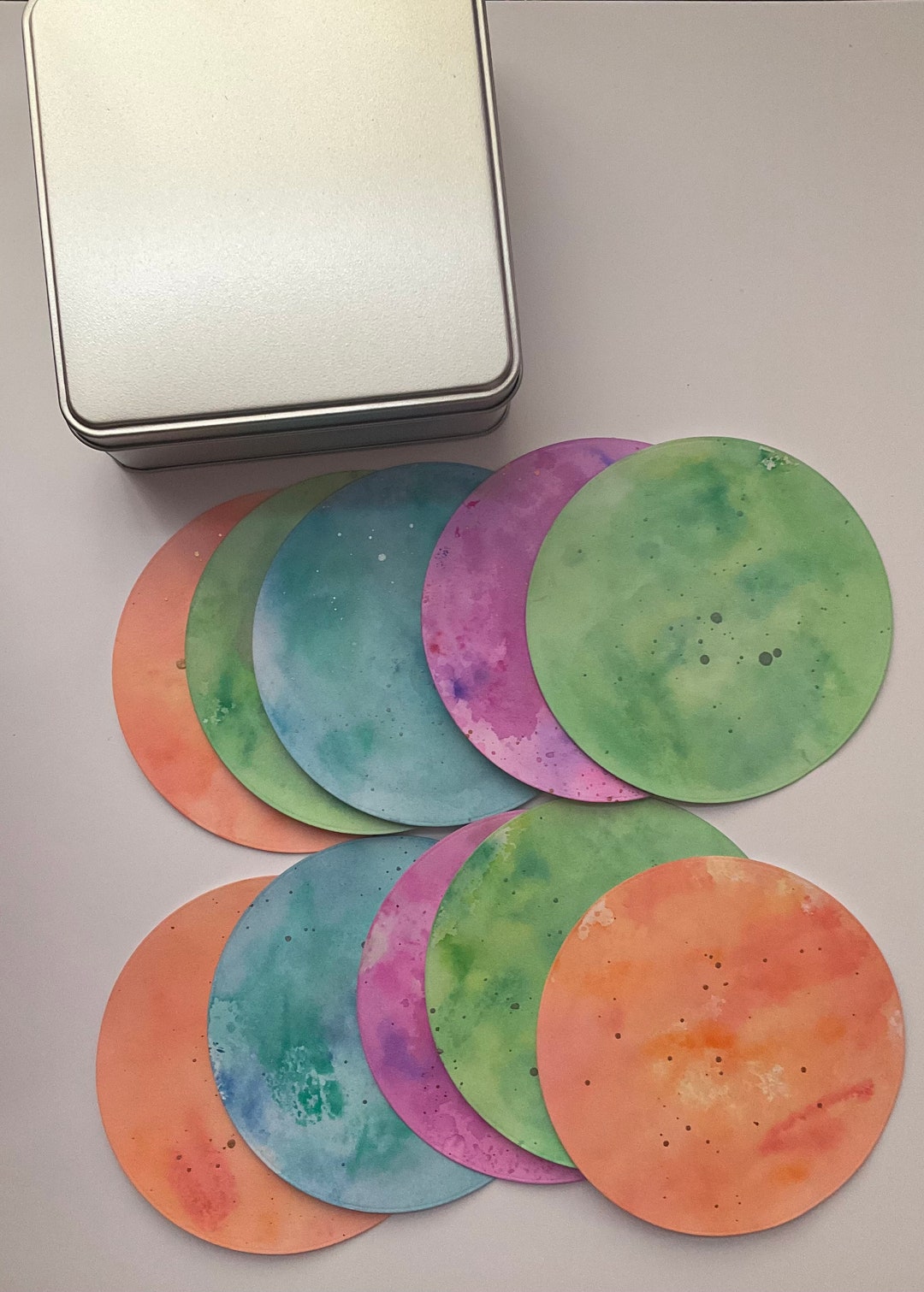 Silver Tin and X10 Watercolour Round Art Tiles - Etsy