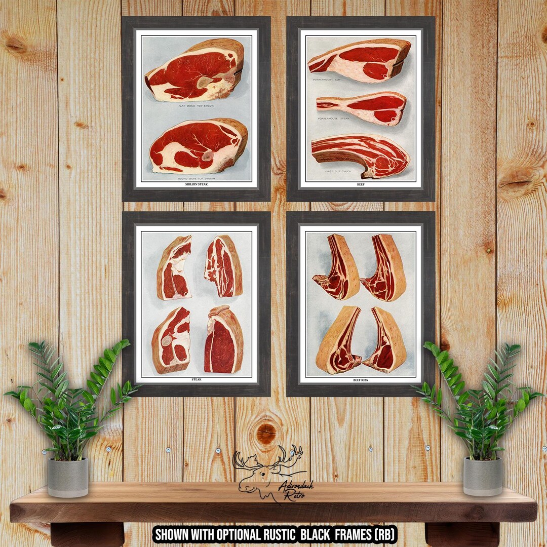 Steak Print Set of 4 - Retro Beef Posters - Kitchen Wall Art - Butcher ...