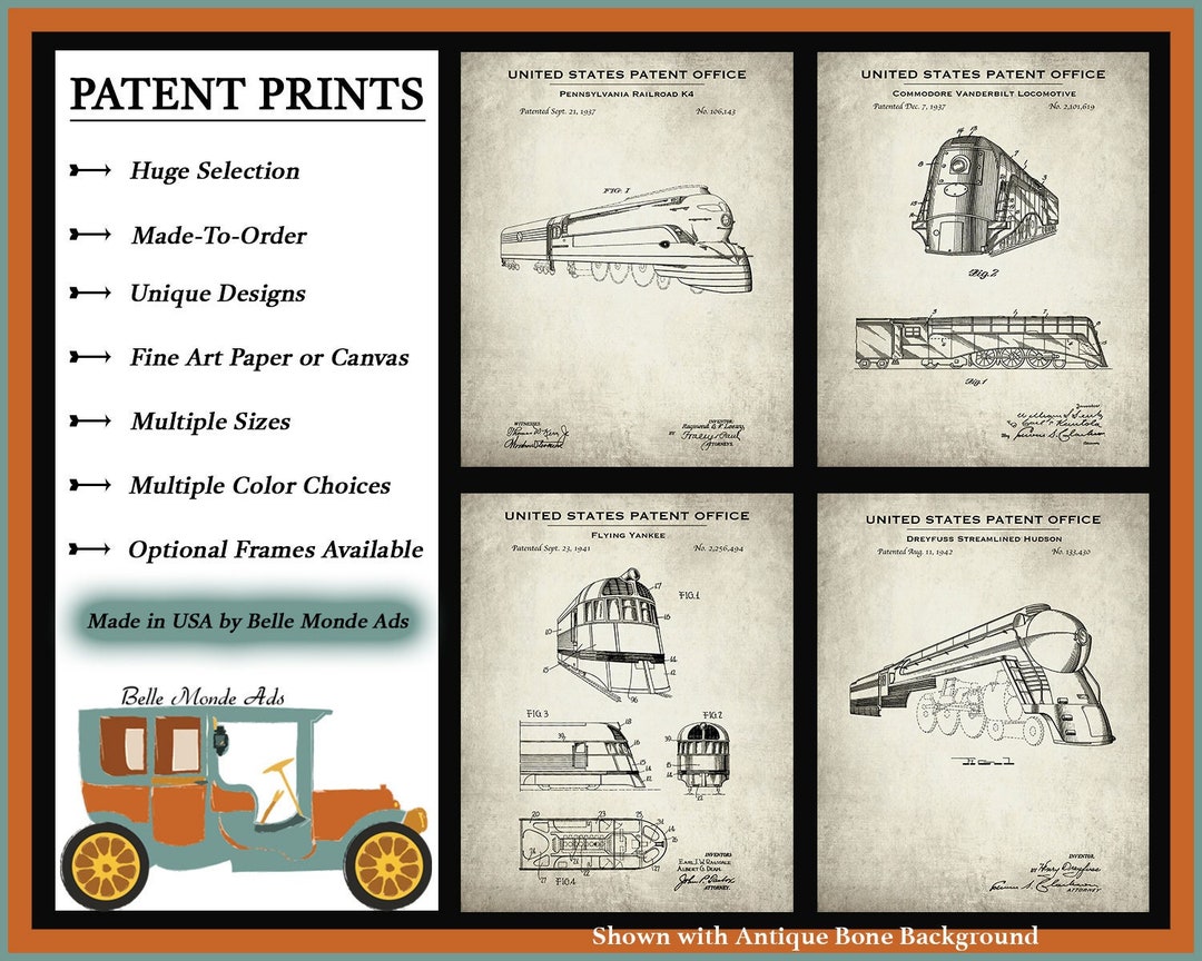 Vintage Train Locomotive Patent Print Set of 4 Railroad Posters ...