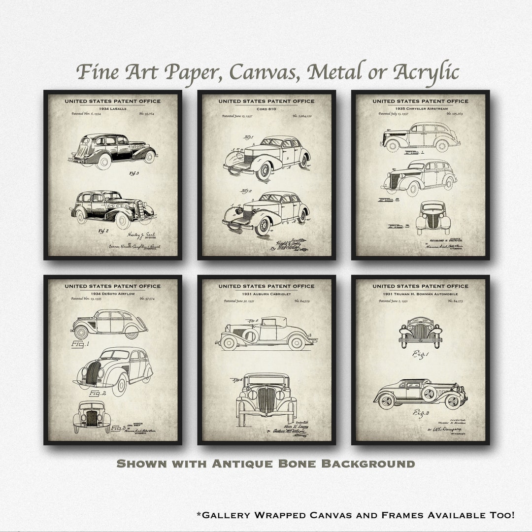 1930's Automobile Patent Print Set of 6 Classic Car Poster Set Historic ...