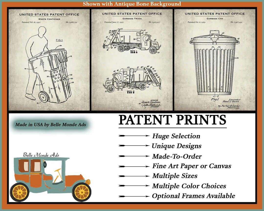 Vintage Trash Removal Set of 3 Patent Drawings Retro Sanitation Prints ...