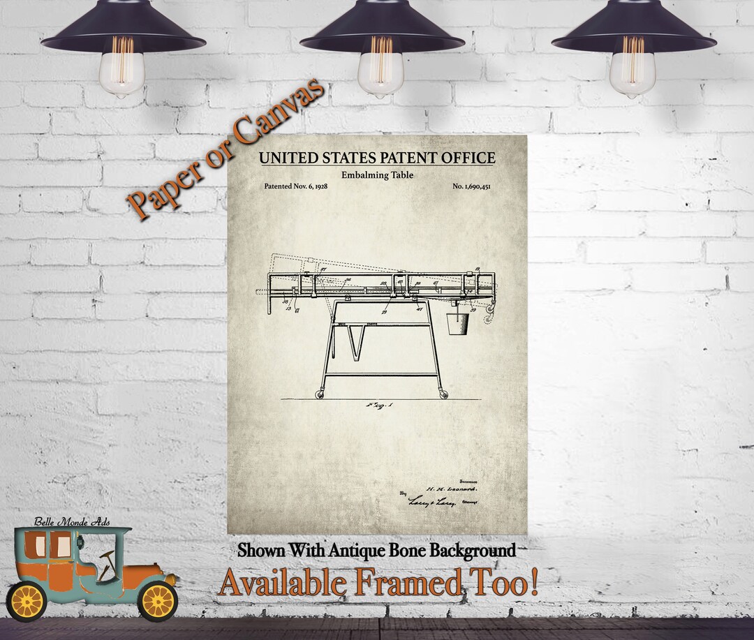 1928 Embalming Table Patent Art Print Historical Funeral Invention ...