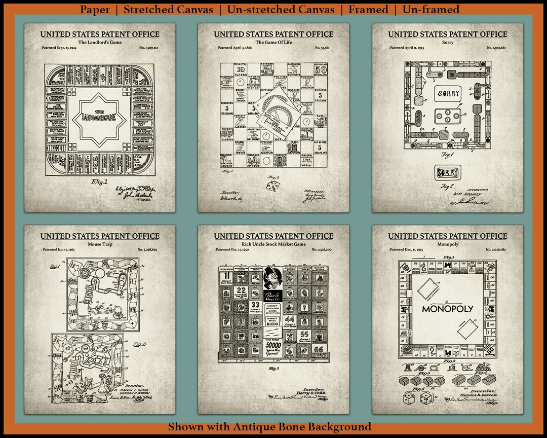 Board Games Set of 6 Patent Art Prints Board Game Historic Prints Retro ...