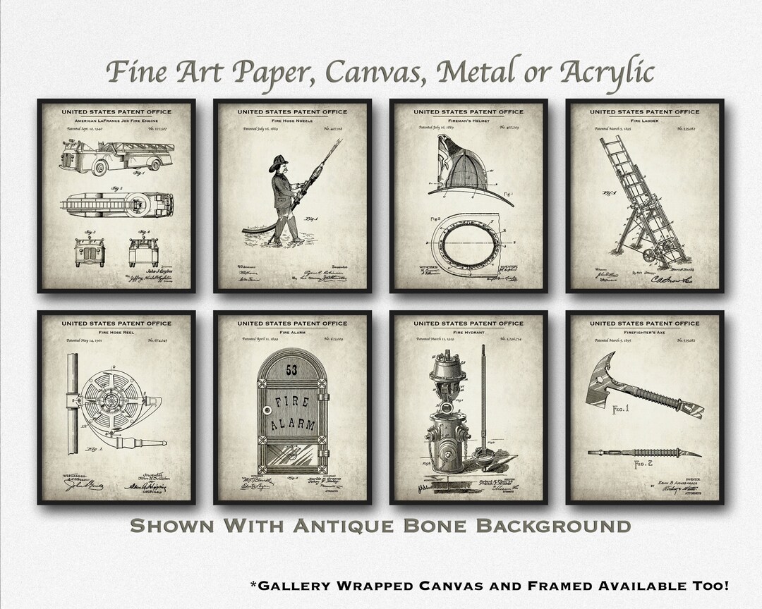 Firefighter Patent Print Set of 8 Vintage Fireman Poster Set Retro Fire ...