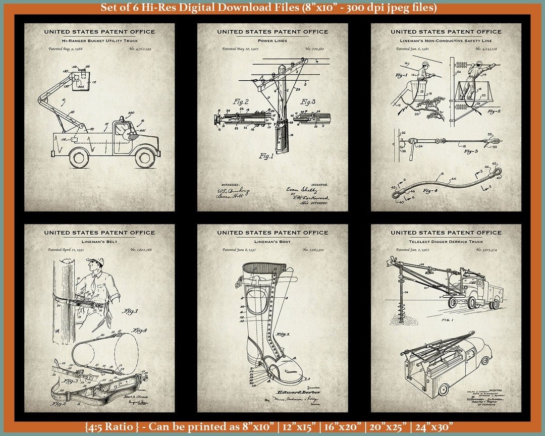 Lineman Set of 6 PRINTABLE Patent Prints - Digital Lineworker Posters ...