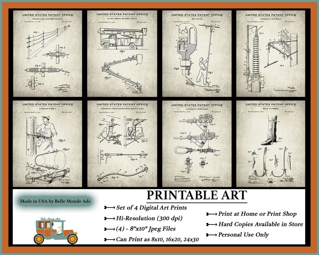 PRINTABLE Lineman Patent Print Set of 8 Digital Lineman Drawings ...