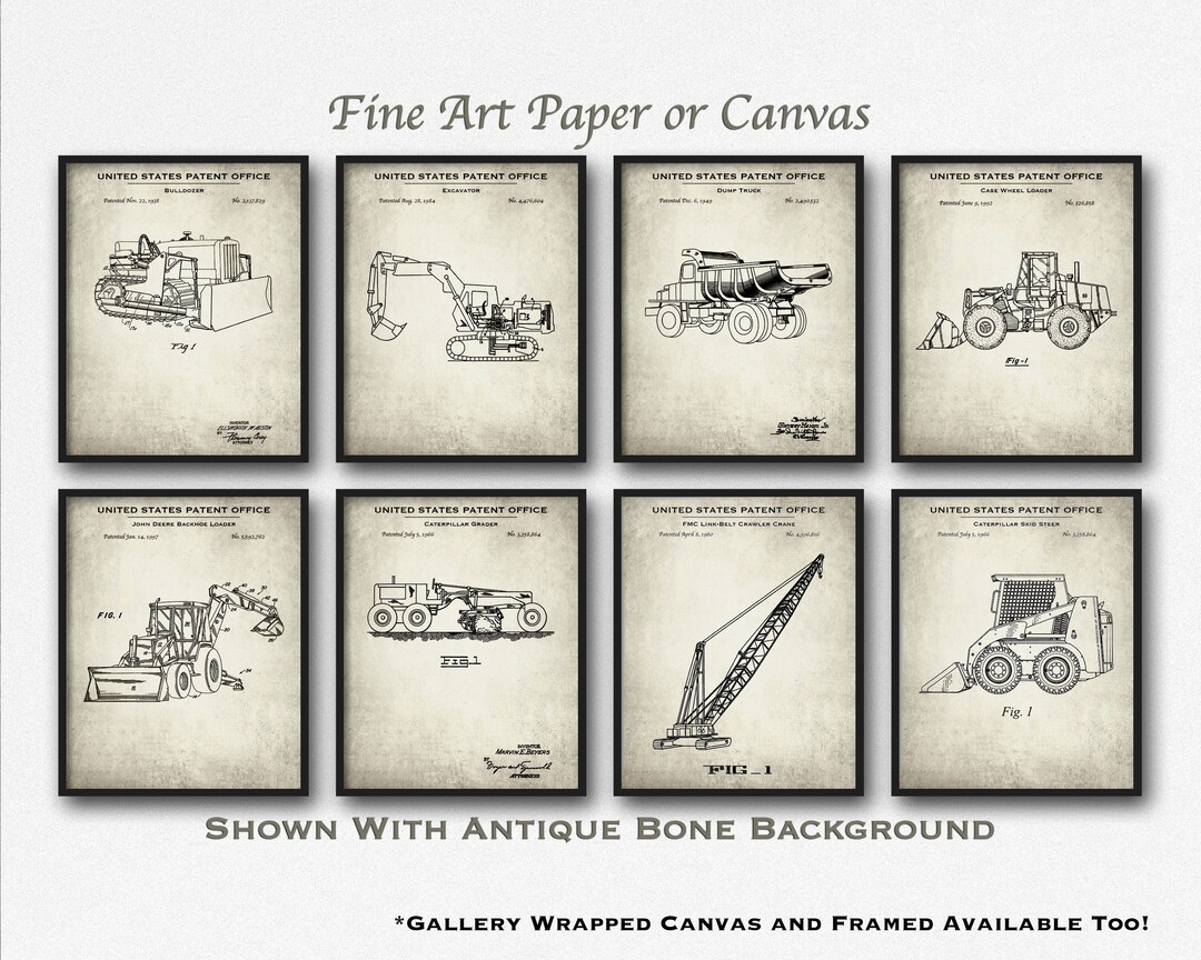 Construction Vehicles Patent Print Set of 8 Heavy Equipment Poster Set ...