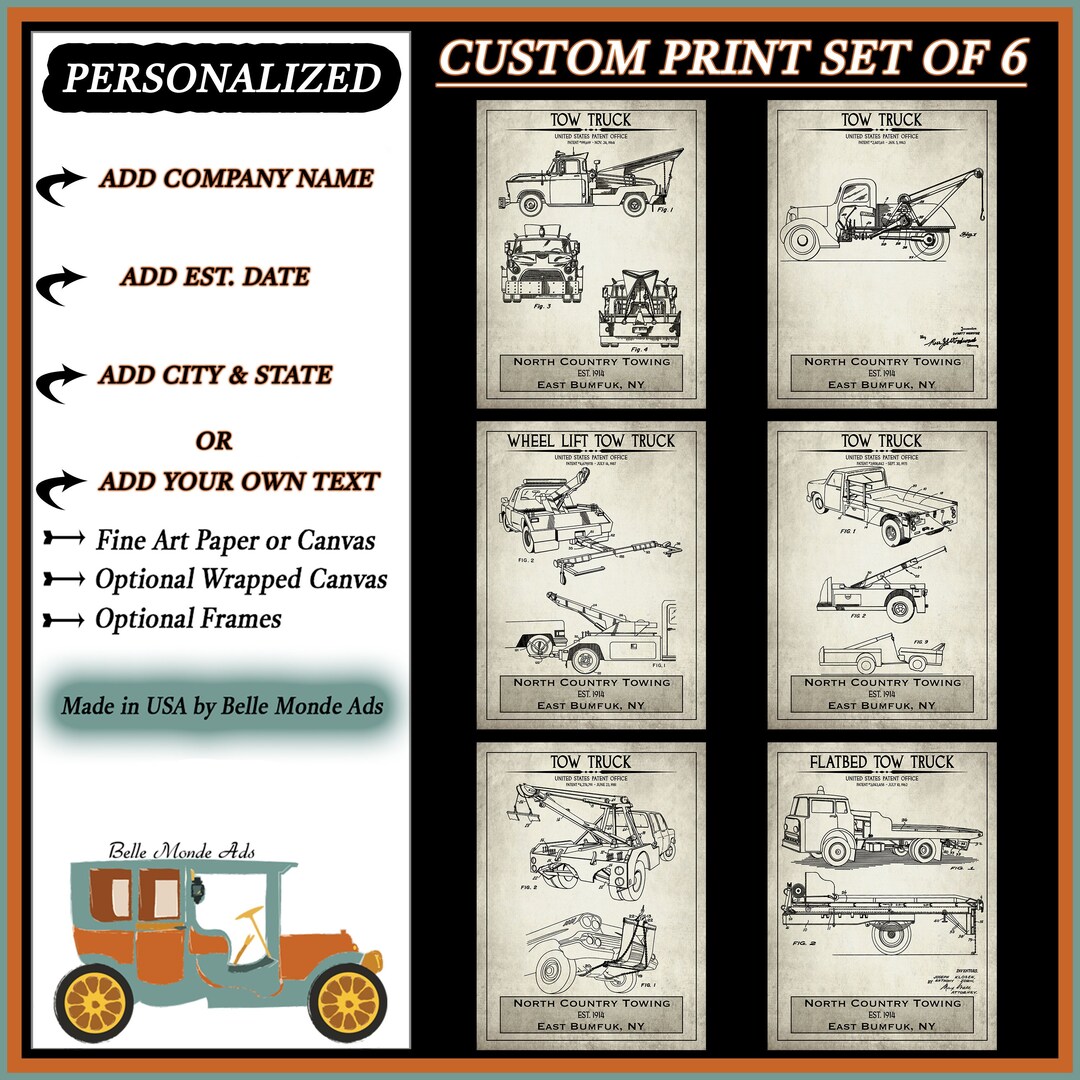 Personalized Tow Truck Owner Gift Set of 6 Patent Prints Tow Truck ...
