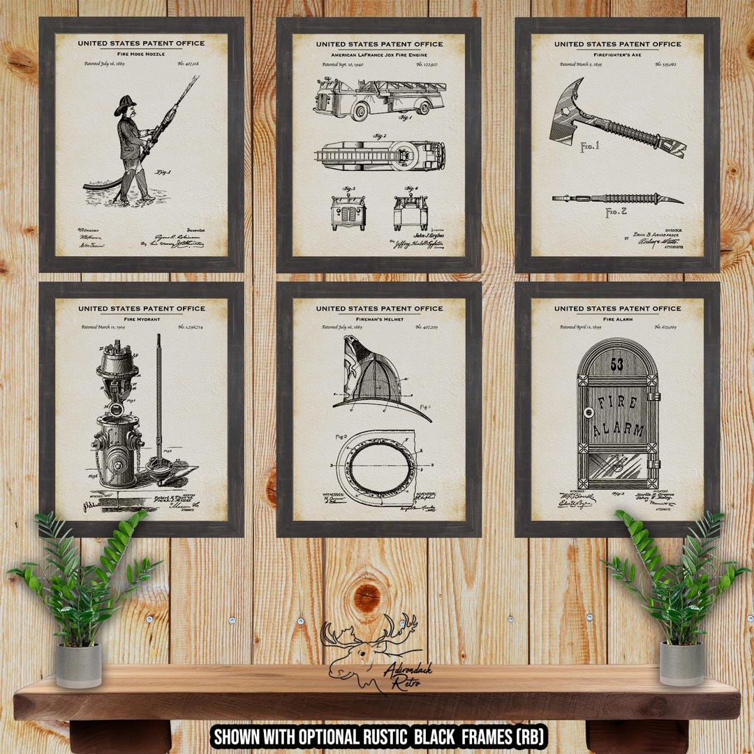 Firefighting Set of 6 Patent Prints Fireman Posters Retro Fire Fighting ...