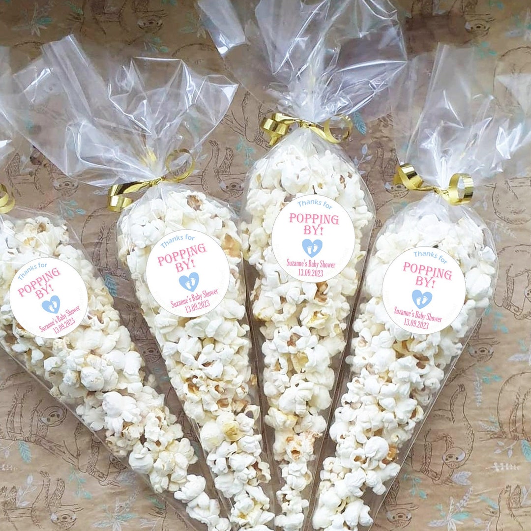 24 Personalised Baby Shower Stickers Thank You Popcorn Cone Stickers ...