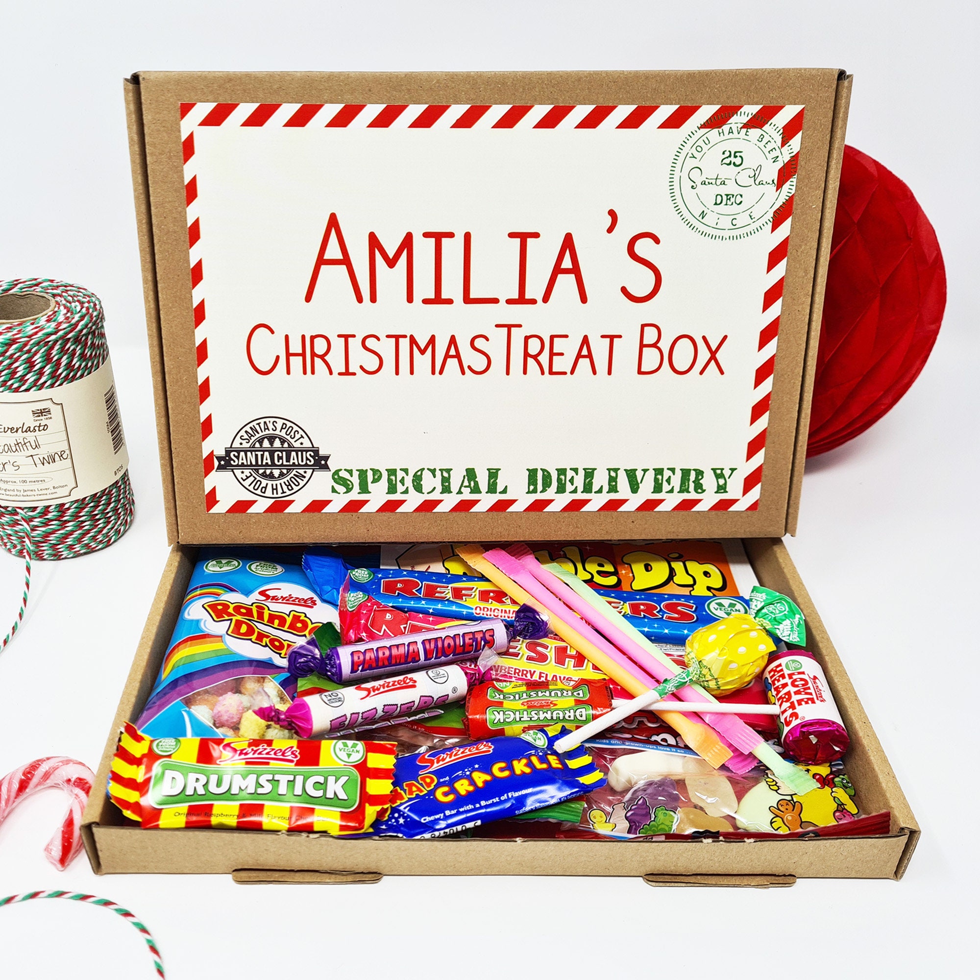 Personalised Christmas Treats Sweets Box Kids Gift Hamper Retro Vegan ...
