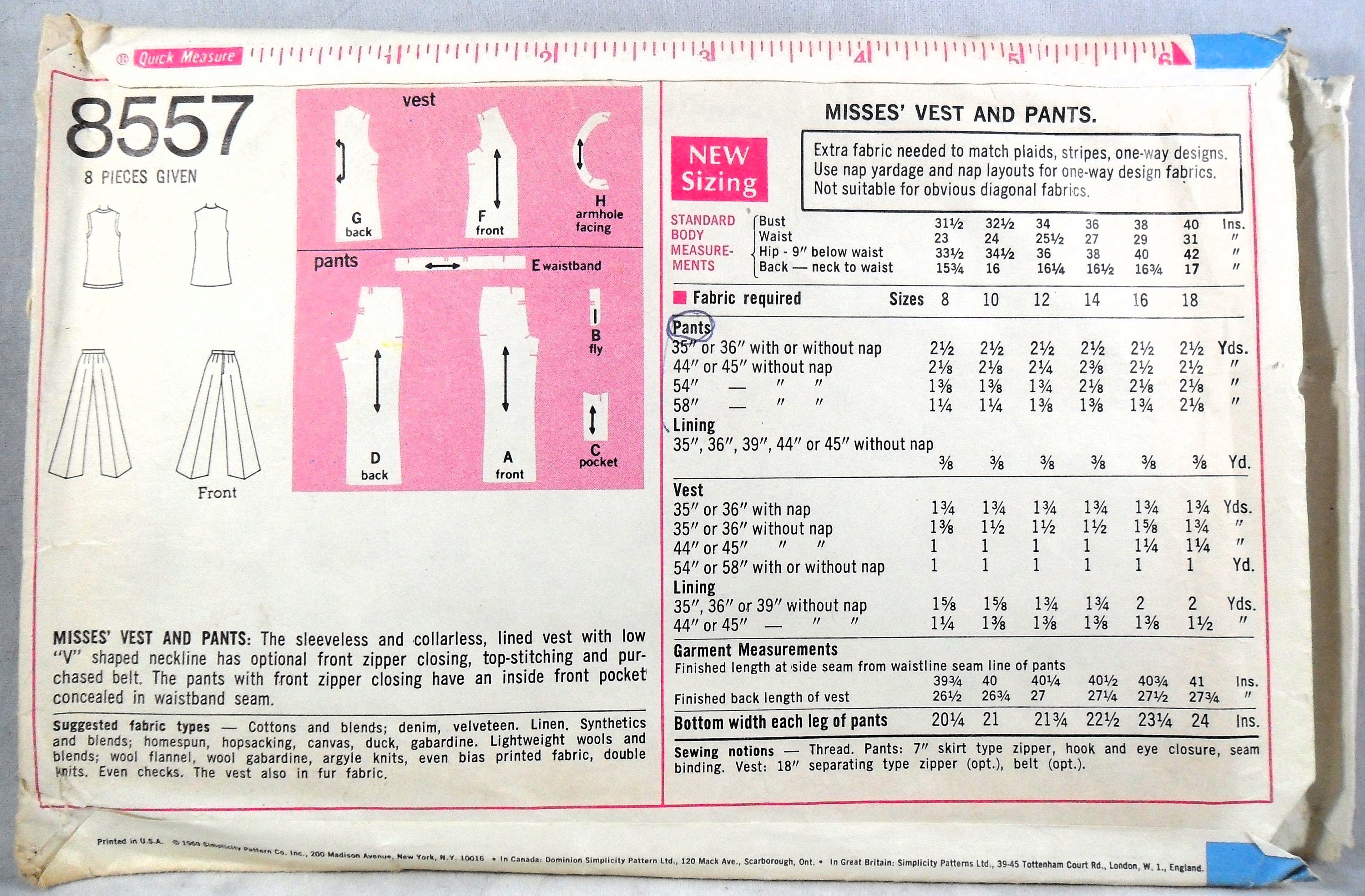 Simplicity 8557 Vest and Pants, Bust 34 - Etsy