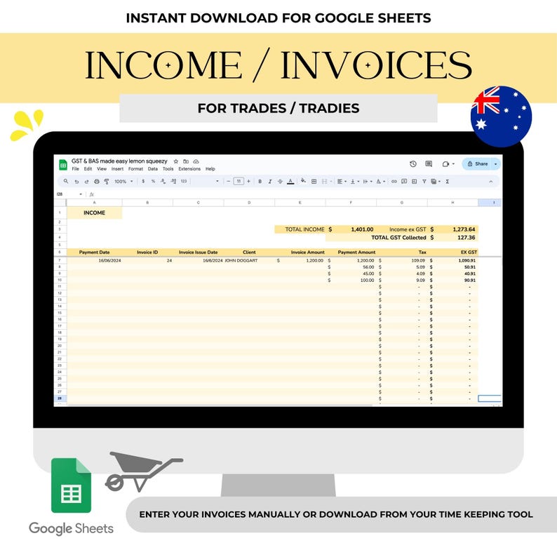 GST Worksheet for BAS for Tradies Easy Bookkeeping Google Sheet ...