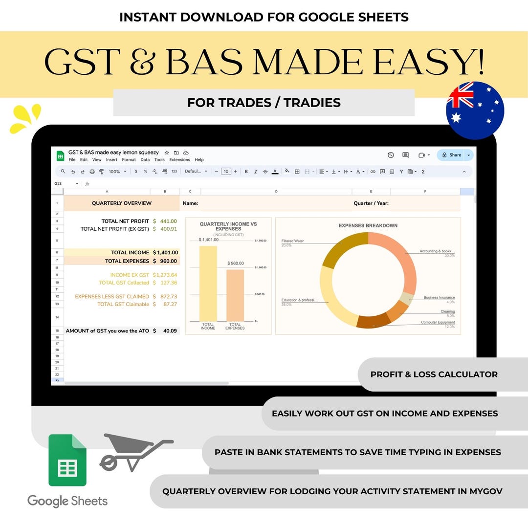 GST Worksheet for BAS for Tradies Easy Bookkeeping Google Sheet ...
