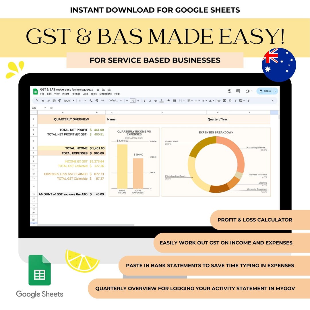 Service Business GST Worksheet for BAS Easy Bookkeeping Google Sheet ...