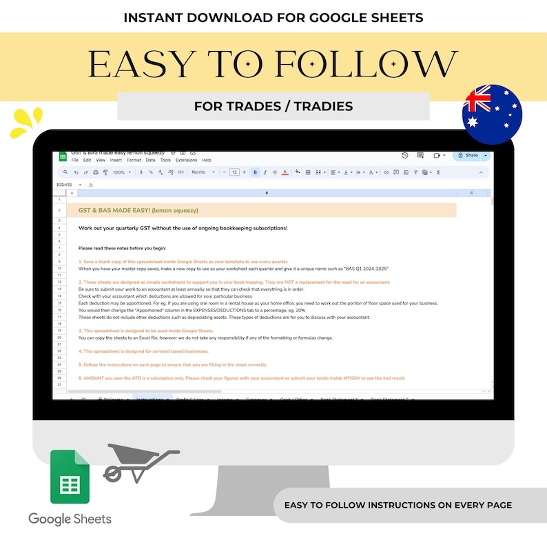 GST Worksheet for BAS for Tradies Easy Bookkeeping Google Sheet ...