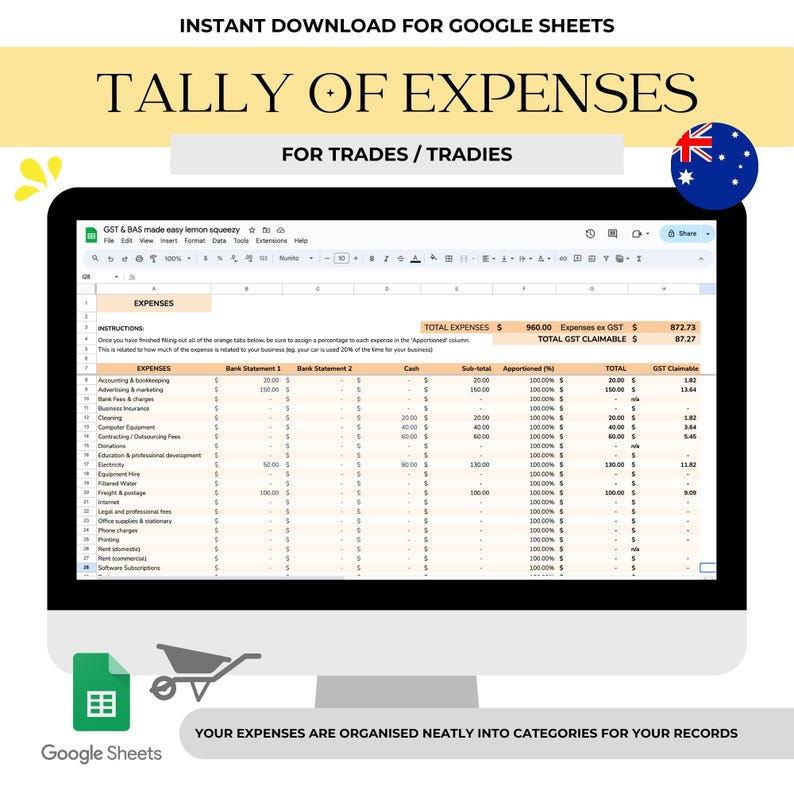 GST Worksheet for BAS for Tradies Easy Bookkeeping Google Sheet ...