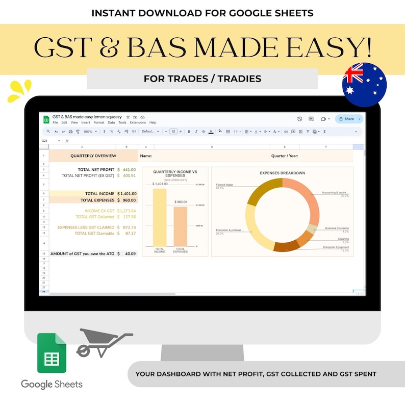 GST Worksheet for BAS for Tradies Easy Bookkeeping Google Sheet ...
