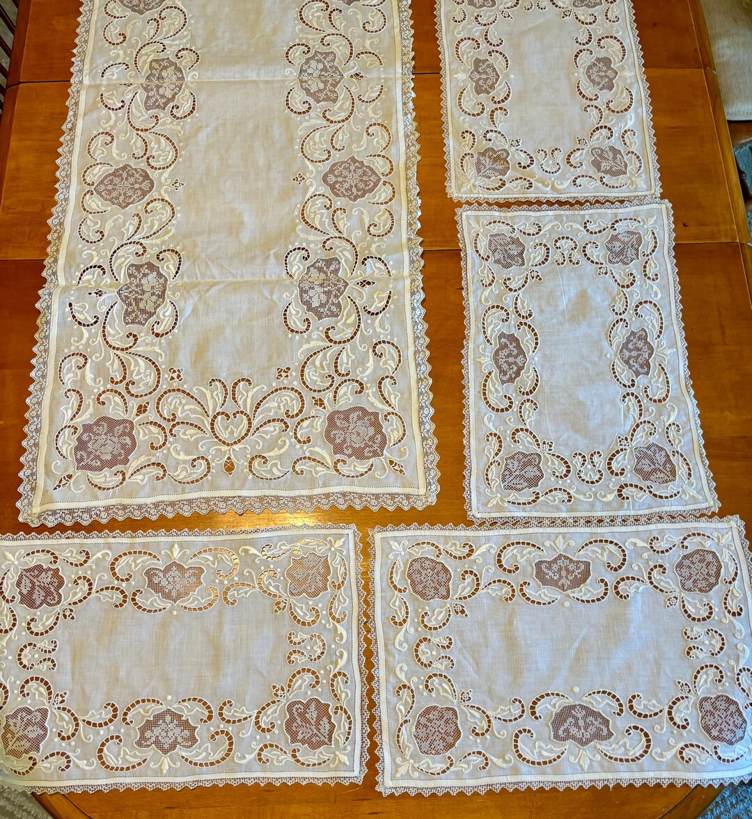 Antique Table Runner in off White, Lavish Cutwork, Embroidered Florals ...
