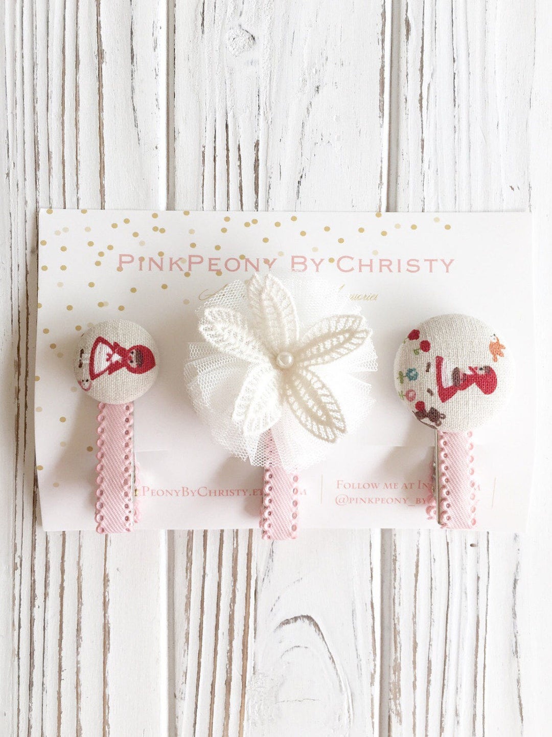 Little Red Riding Hood Hair Clip Set: Dainty Button & Lace Bows - Etsy