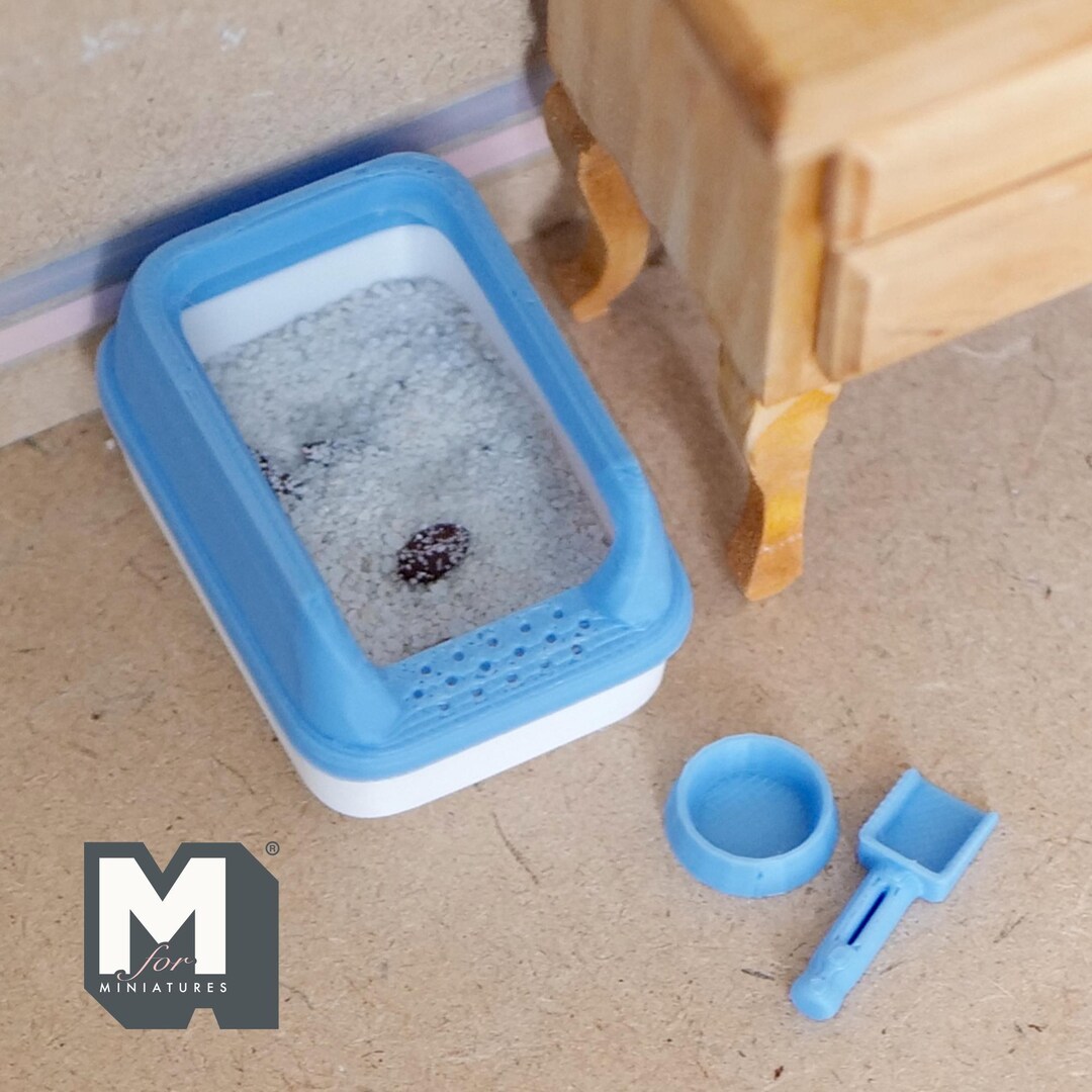 Miniature Litter Box With Litter Scoop Poops and Food Bowl 1:12 Scale 2 ...