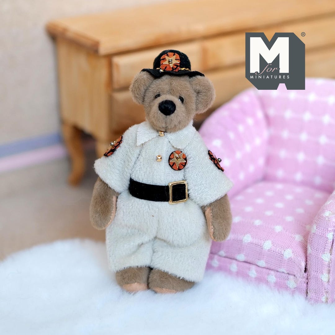 Miniature Plush Bear in Police Uniform and Hat 1:12 Dollhouse Push Bear ...