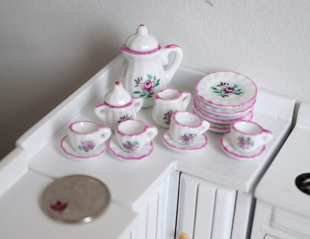 Dollhouse Miniature Porcelain Ceramic Teapot and Cups 15 Piece Set ...