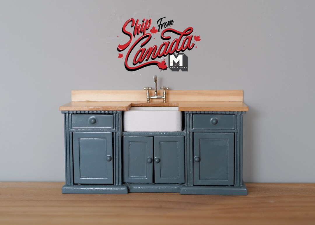 1:12 Miniature Wooden Kitchen Counter With Sink 2 Drawers and 2 Swing ...