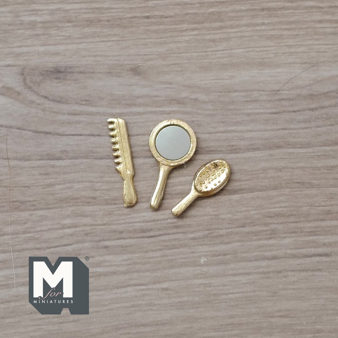 Miniature Comb , Mirror and Detangler Brush Dollhouse Supplies Dressing ...