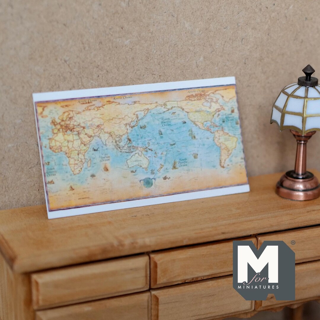 Miniature World Map 1:12 Scale Dollhouse Supplies Decoration Map 3-1/4 ...