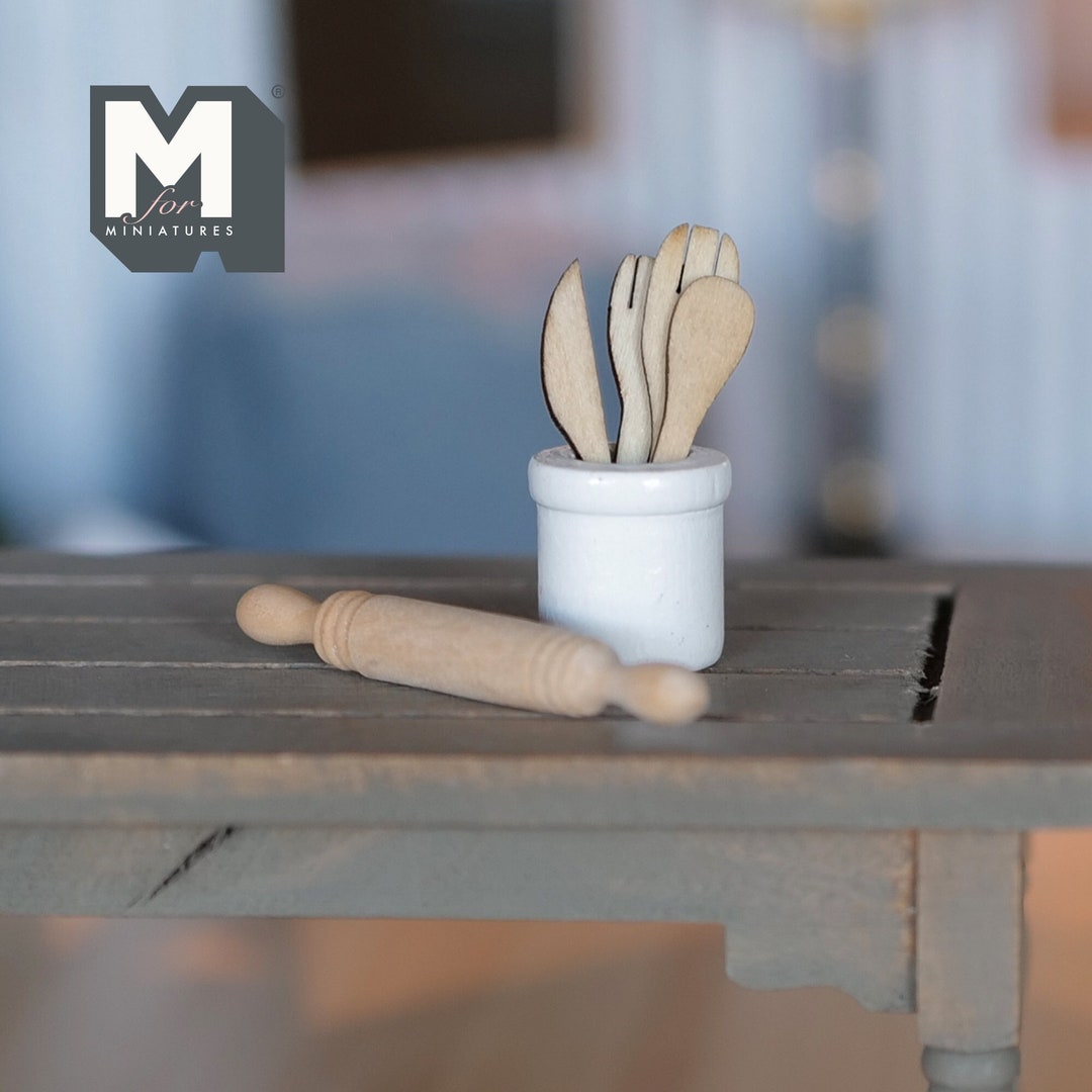 Miniature Utensils and Holder Set of 6 , 1:12 Scale Dollhouse Kitchen ...