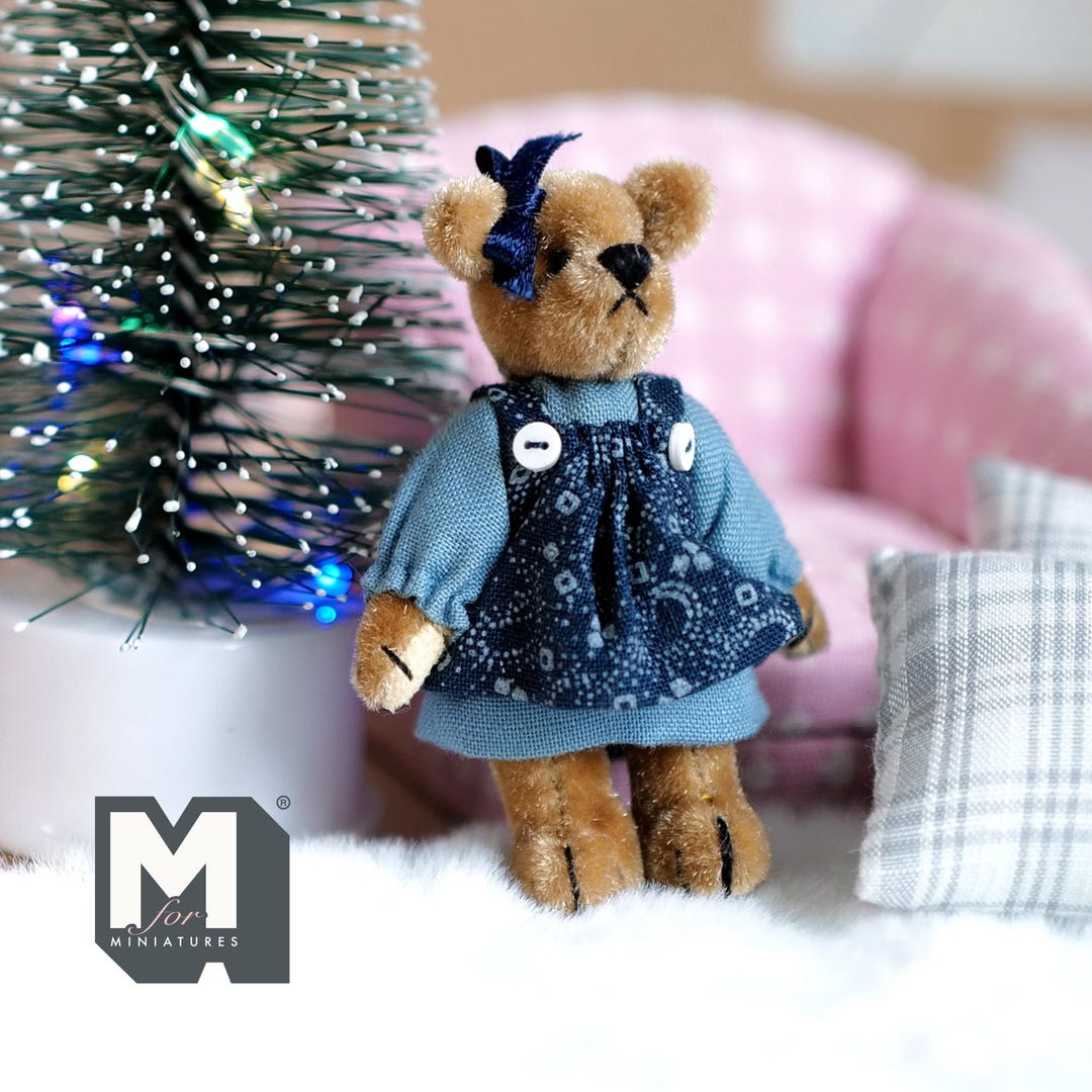 Miniature Plush Bear in One-piece Dress Shoulder Straps and Hair Ribbon ...
