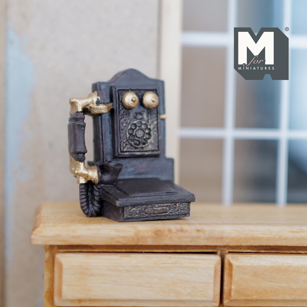 Dollhouse Wall Hung Dial Telephone , 1:12 Scale Miniature Classic Table ...