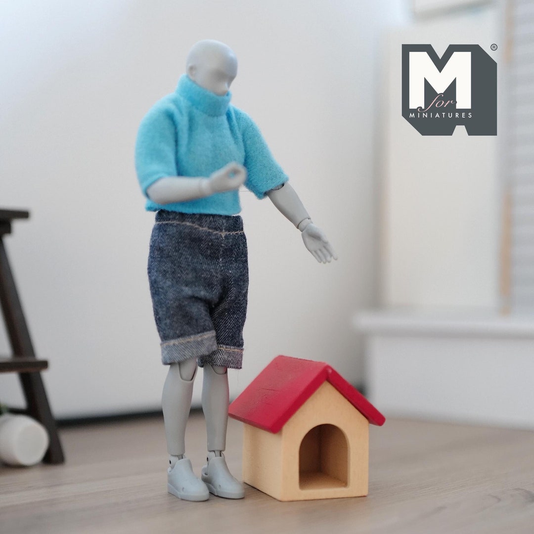 Dollhouse Dog House 1:12 Miniature Dog Kennel Wooden Pet House With Red ...