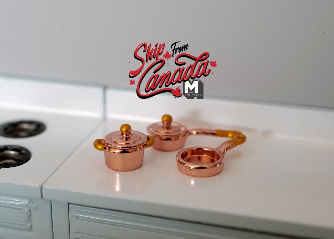 TINY TINY TINY Dollhouse Miniature Copper Cooking Pot Cookware Set ...