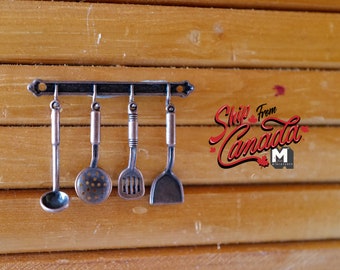 1:12 Dollhouse Miniature Metal Cooking Utensils Set With Wall Hanger ...